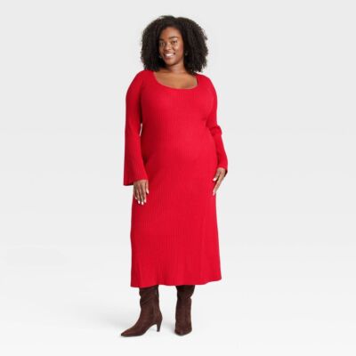 Women's Long Sleeve Maxi Sweater Dress - A New Day Red XXL | eBay