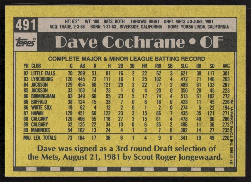 1990 Topps #491 Dave Cochrane Rookie Seattle Mariners | eBay