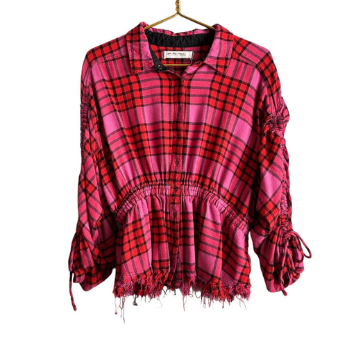 Free People Pacific Dawn Plaid Shirt Women's M Red Pink Wool Blend Long ...