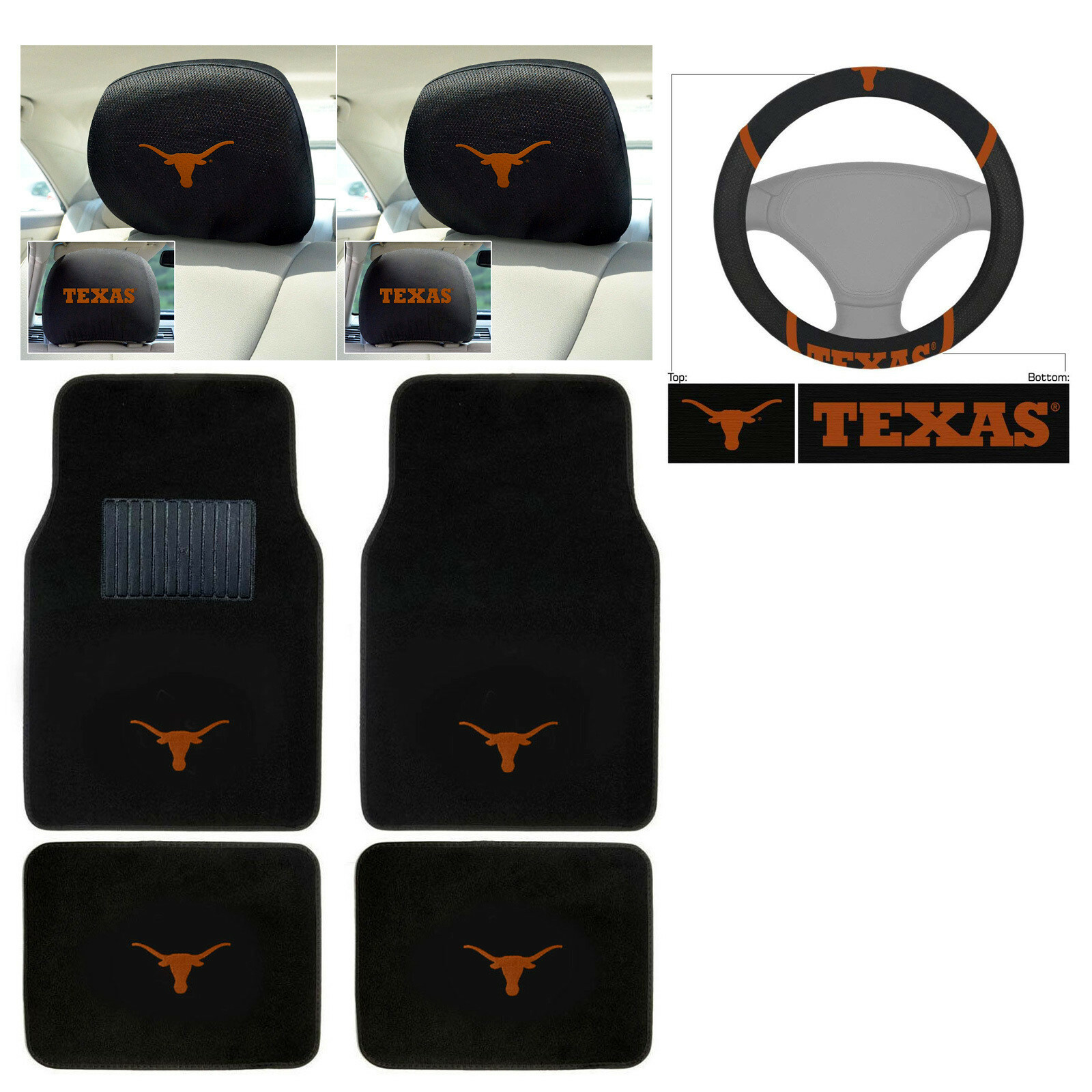 NCAA Texas Longhorns 7pc Floor Mats Steering Wheel Cover Headrest ...