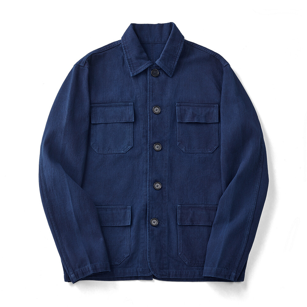 Indigo Dyeing Chore Coat Men's Vintage Casual Jacket Pockets Work Coat ...