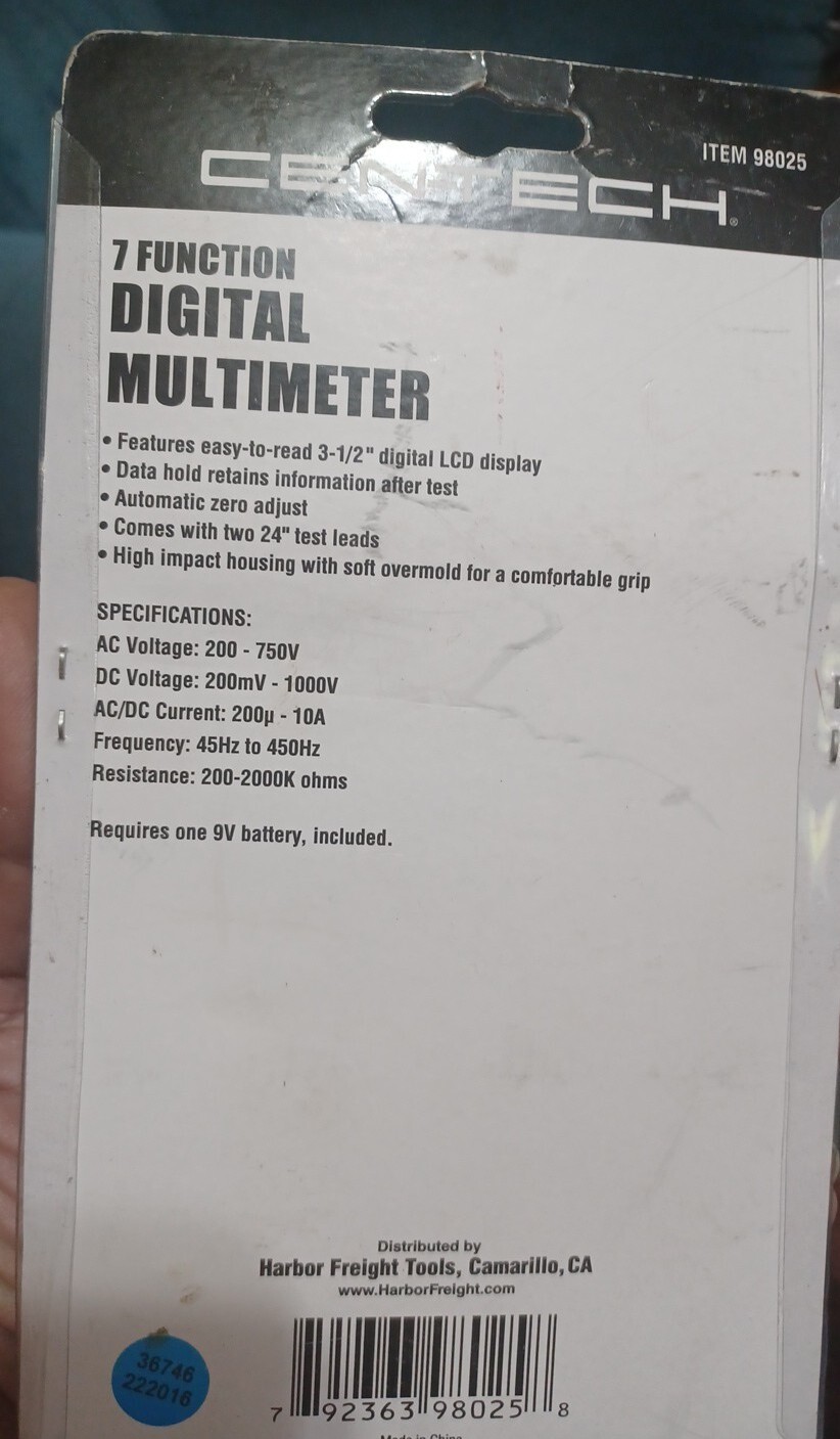Cen-Tech 7 Function Digital Multimeter AC DC Voltage Current LCD 98025 ...