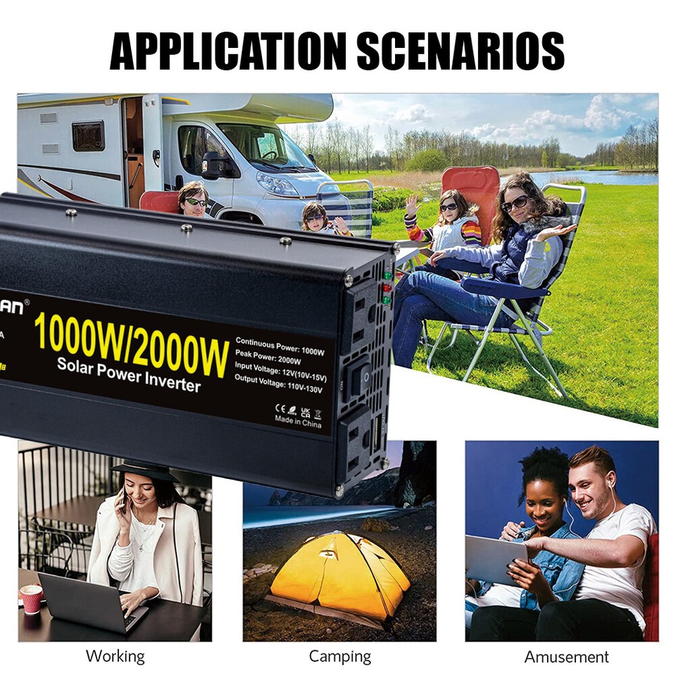 1000W 2000W Power Inverter DC 12V to AC 110V 120V 2AC 2USB Adapter Car ...