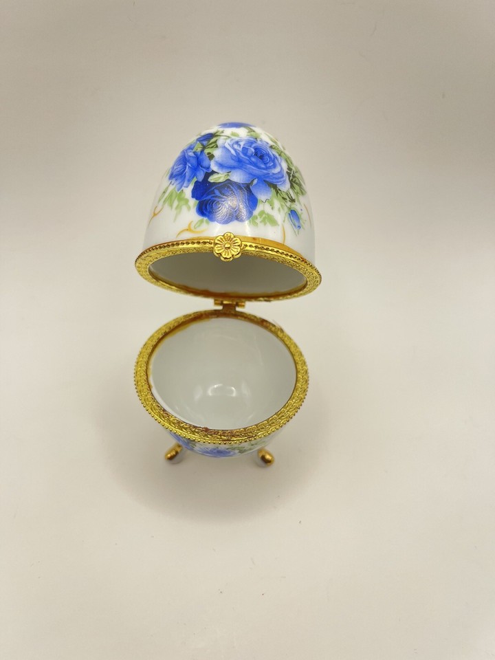 VTG Blue Floral Ceramic Egg Shaped Trinket Box Gold Trim Footed Hinged 4" T | eBay