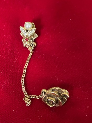 Bumble Bee & Rose On Chain Vtg Brooch Lapel Pin White Red Rhinestone ...