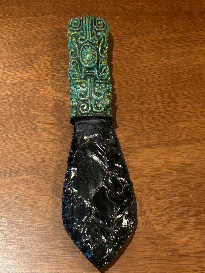 VINTAGE AZTEC 10" OBSIDIAN & MALACHITE CEREMONIAL DAGGER - HAND-KNAPPED ...