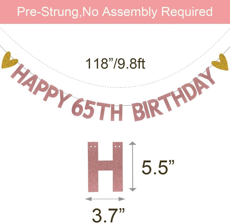 HAPPY 65TH BIRTHDAY Banner,Pre-Strung,Rose Gold Paper Glitter Party ...