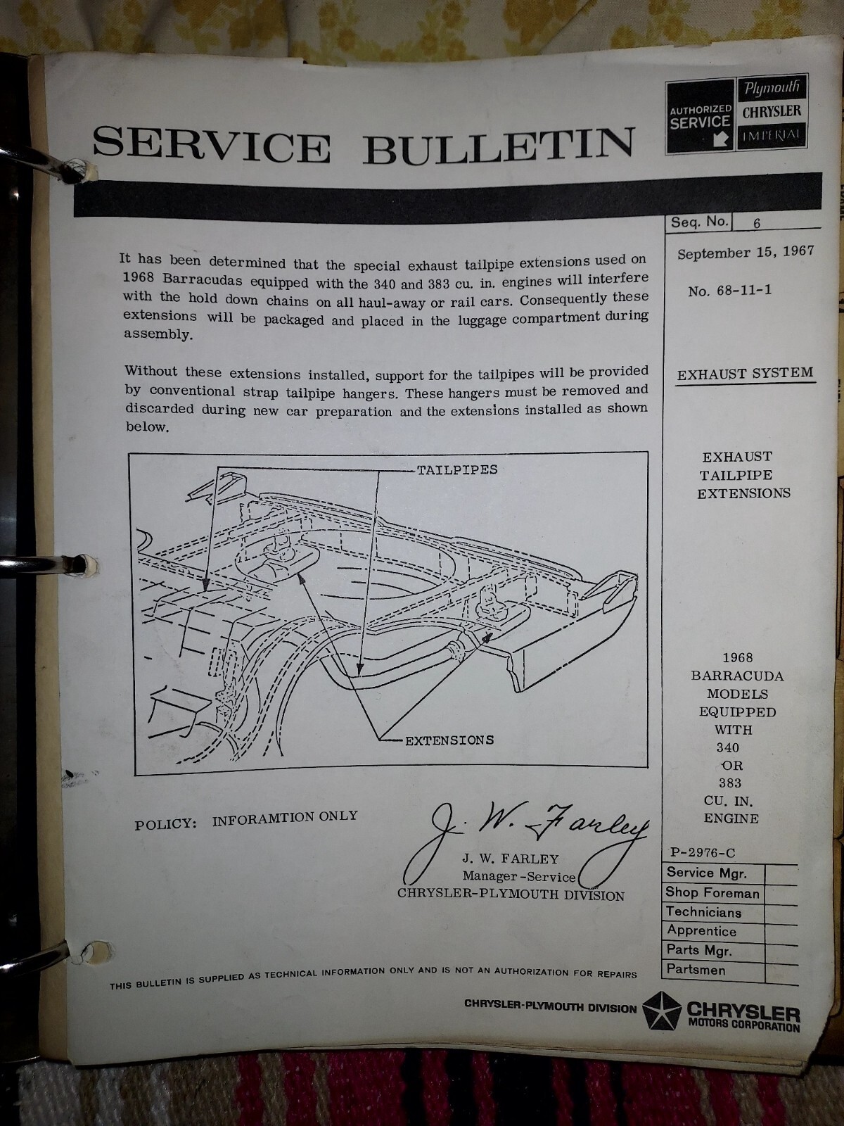 VINTAGE 1968 CHRYSLER PLYMOUTH DODGE IMPERIAL MOPAR SERVICE BULLETINS ...