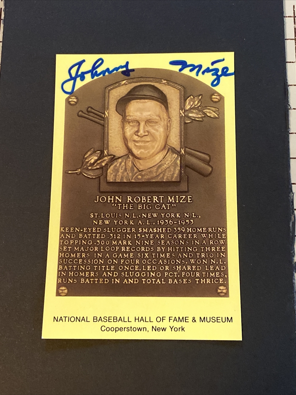 Signed Johnny Mize Autographed Hall of Fame Plaque Postcard Blue ...