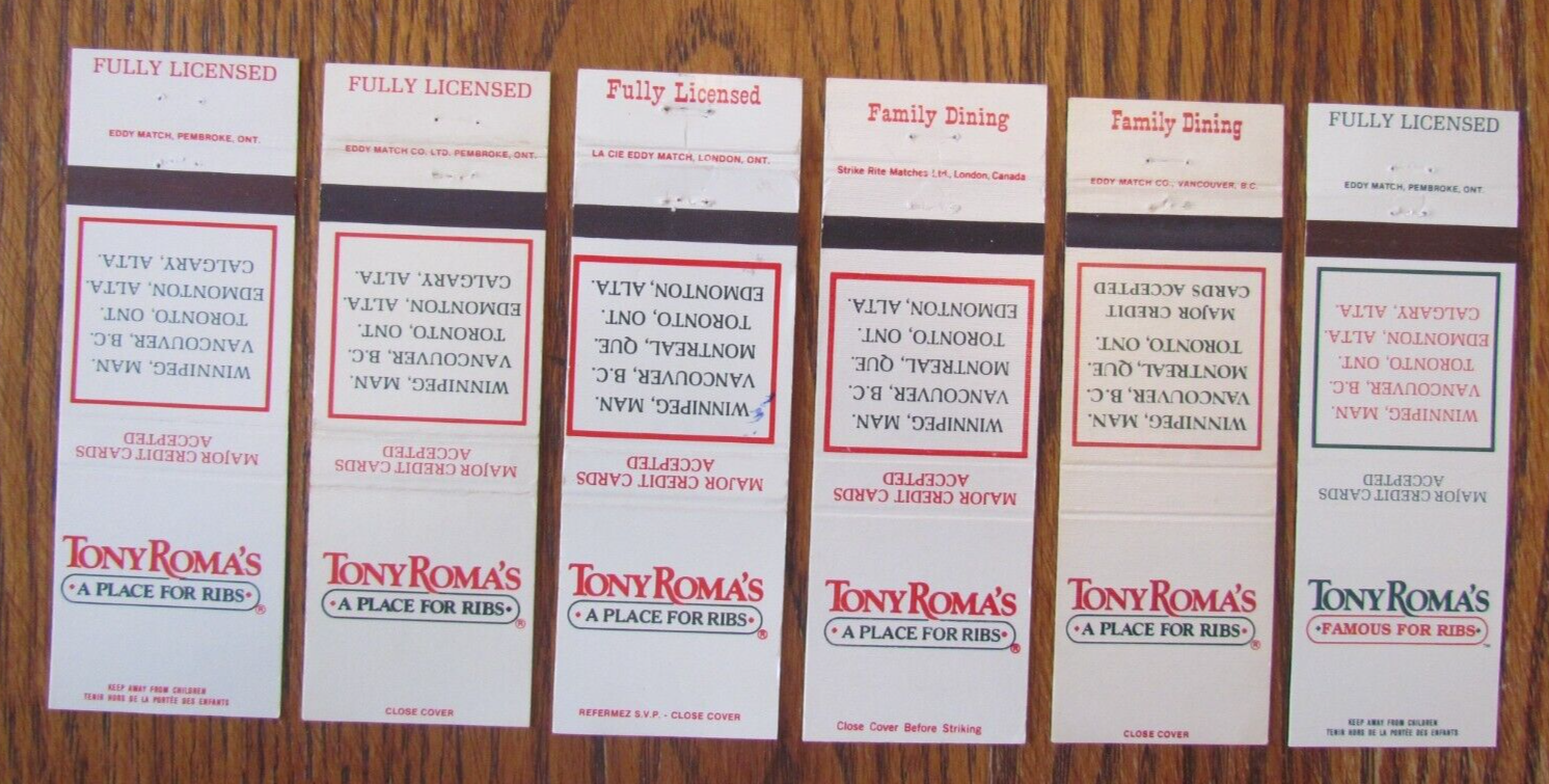 TONY ROMA'S RESTAURANT MATCHBOOKS: WINNIPEG VANCOUVER TORONTO EDMONTON ...
