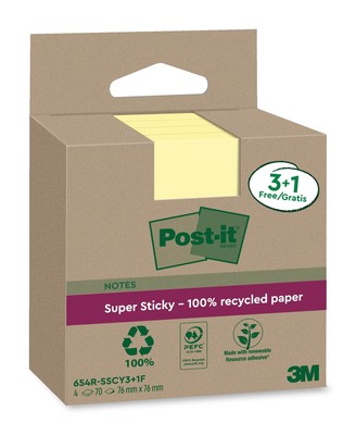 POST-IT 654 RSSCY 3+1F Haftnotiz Super Sticky 100% Recycling Notes - 76 ...