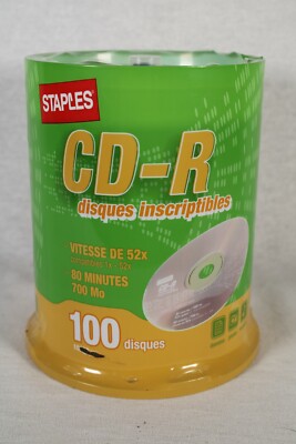NEW Staples CD-R 80 Min Recording 700MB 52x Speed 100 Disc Pack Blank ...