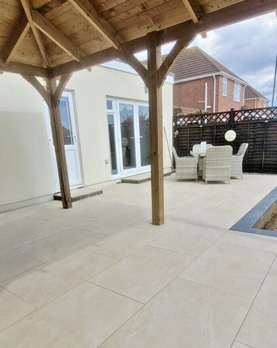 Aosta Crema porcelain paving patio slabs tiles | 600x900x20mm | split ...
