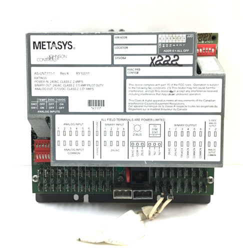 Johnson Controls Metasys AS-UNT111-1 Rev. K Unitary Controller used # ...