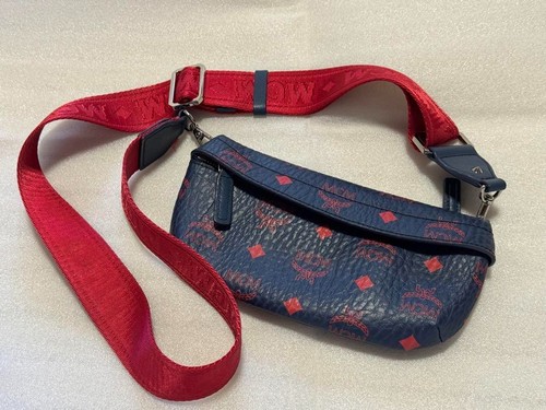 MCM Body Bag Crossbody Navy Red Faux Leather Unisex Adjustable Strap ...
