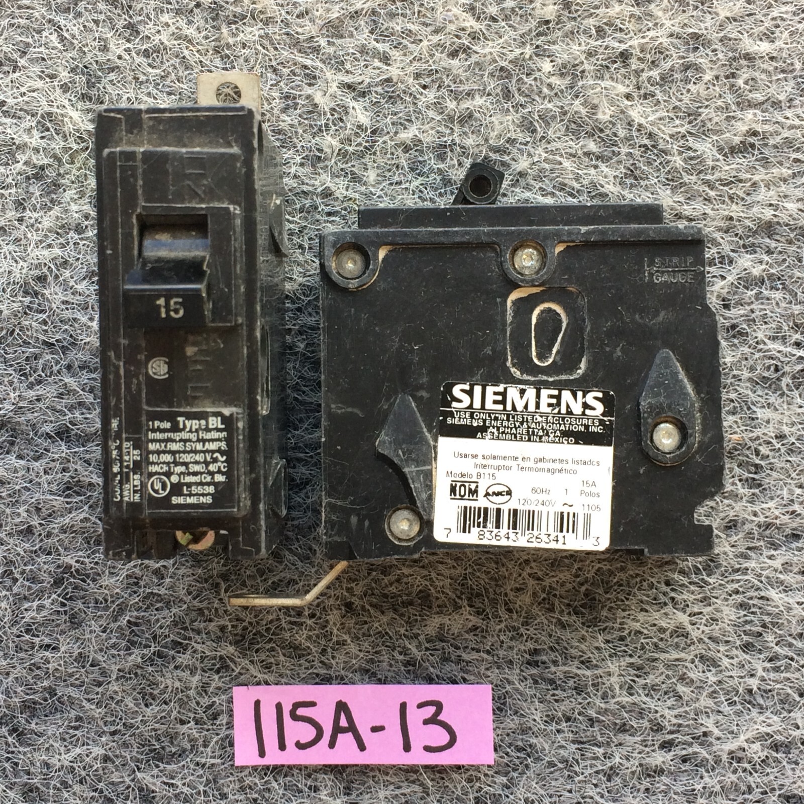 Lot of 2 ITE Siemens B115 1 Pole 15 Amp 120V Type BL Silk Circuit ...