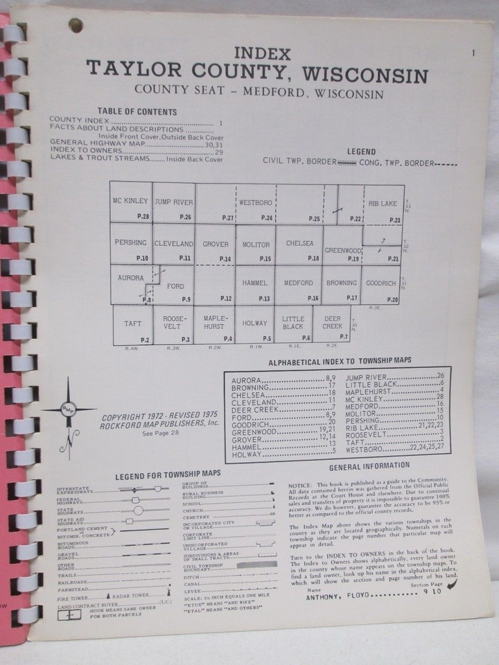 Vintage 1975 Land Atlas & Plat Book Taylor County Wisconsin Map | eBay