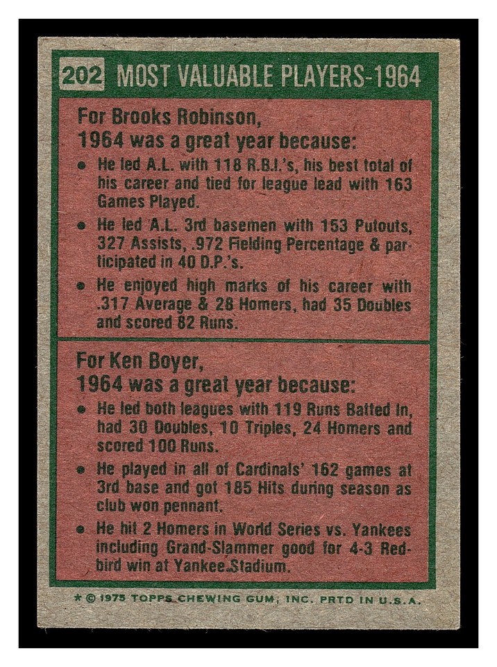 1975 TOPPS MINI 1964 MOST VALUABLE PLAYERS #202 BROOKS ROBINSON BOYER ...