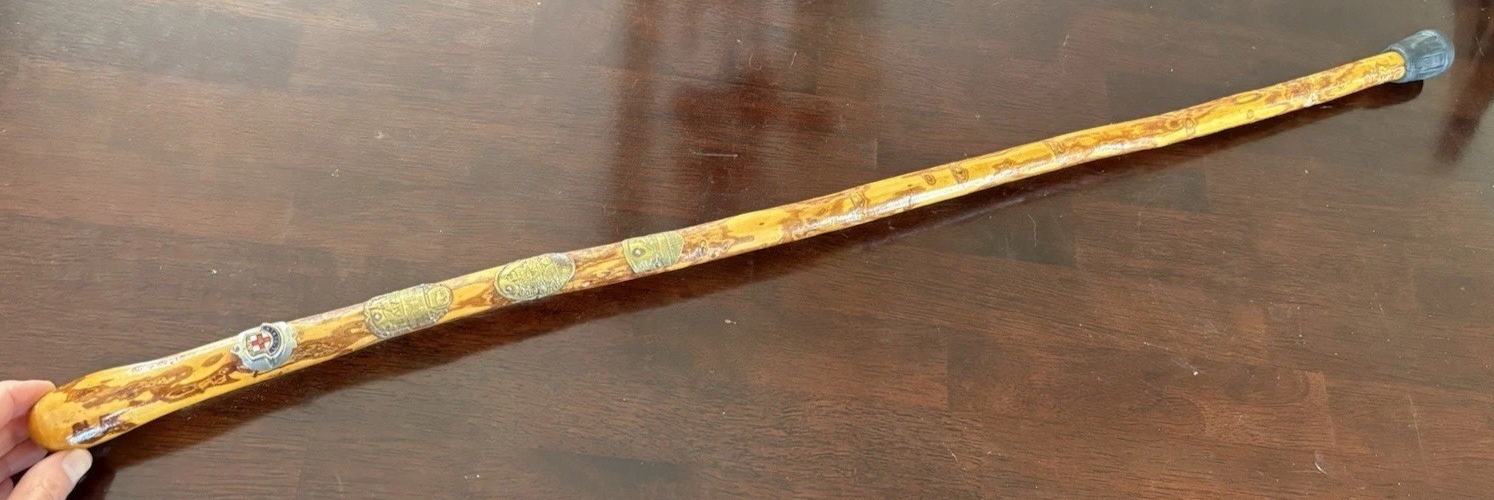 Vtg 1933 German Walking Stick Hiking Cane W Metal Medallions Badges | eBay