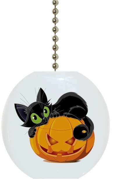 Pumpkin Black Cat Fall Harvest Solid CERAMIC Ceiling Fan Light Lamp ...