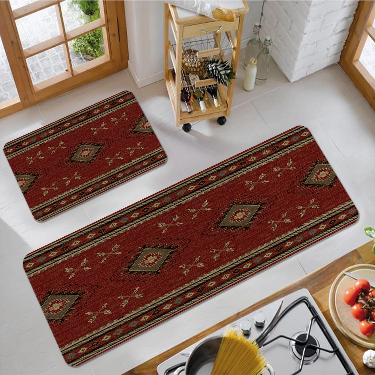 Red Western Kitchen Rugs and Mats Set of 2,Farmhouse Boho Style Rustic ...