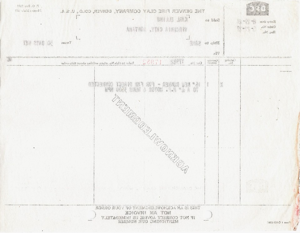 Denver Co Fire Clay Company DFC Acknowledgment of Order Receipt 1927 e3 ...