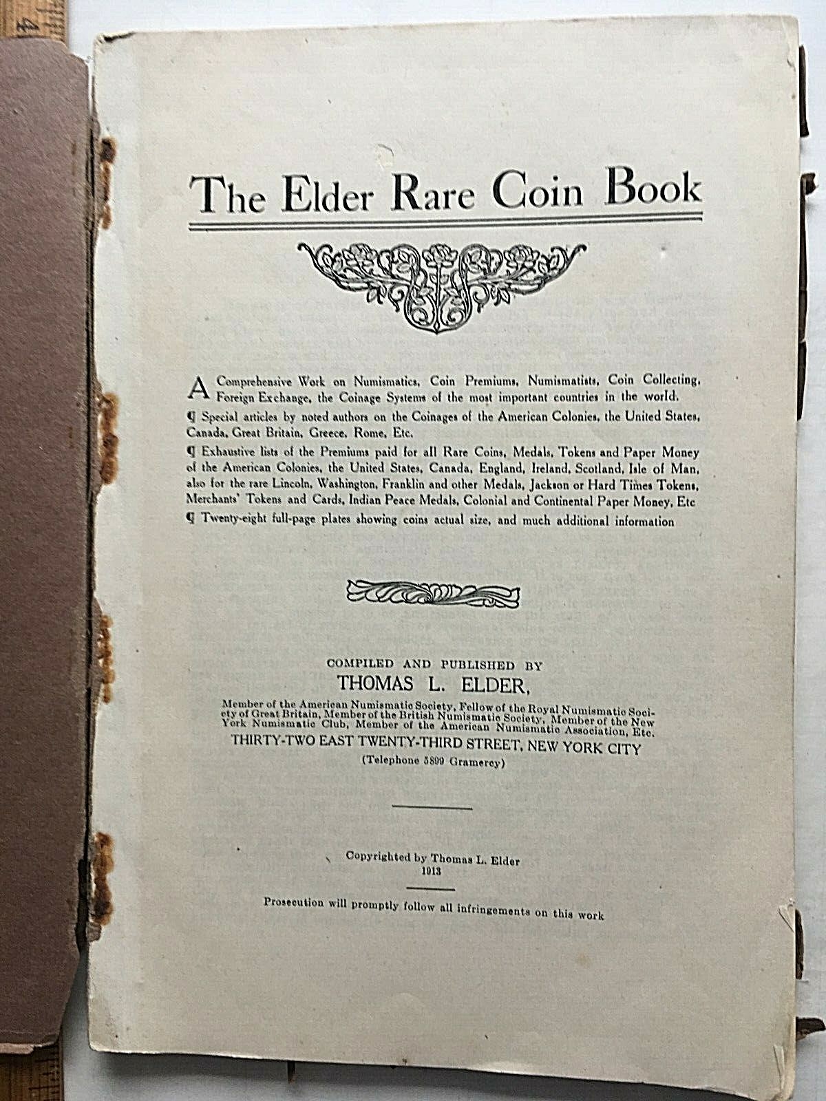 The Elder Rare Coin Book. 1913 First Edition. U.S. $1.50 Colonial ...