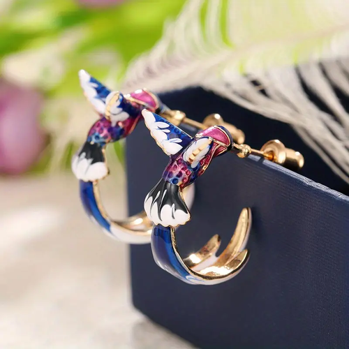 Cute Flying Hummingbird Oil Painting Earrings Enamel Hummingbird Stud ...