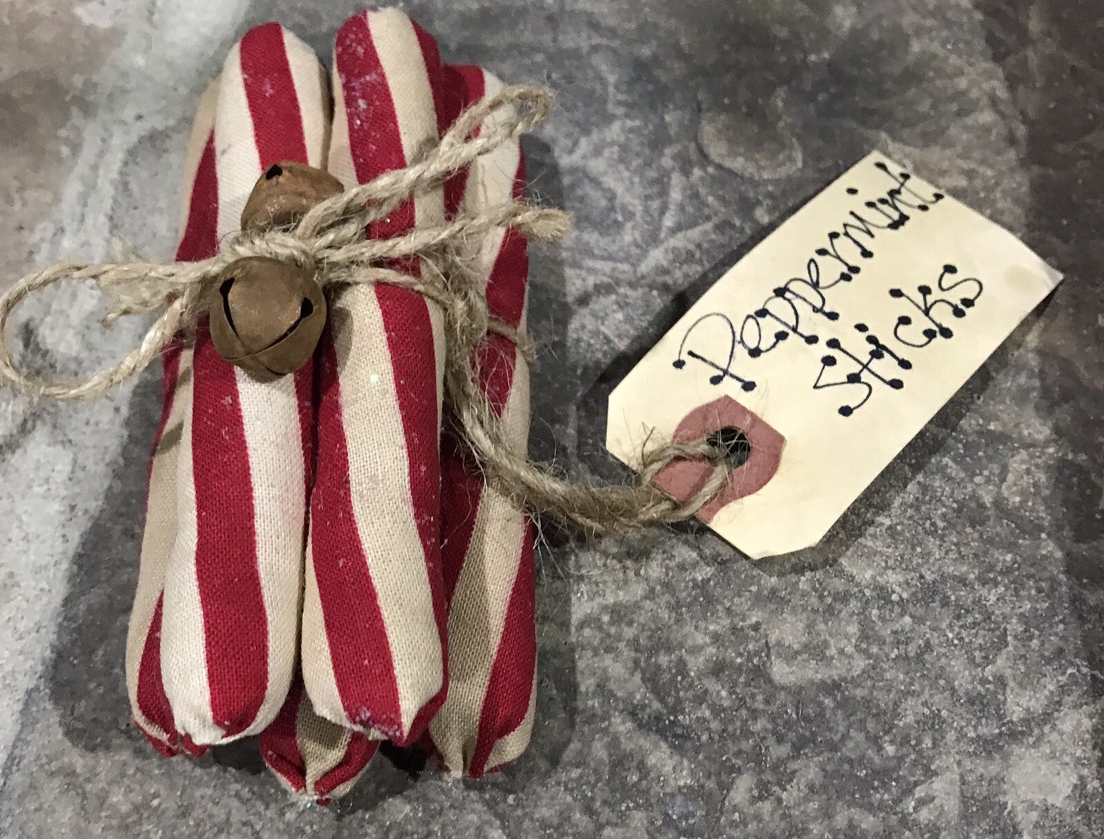 Five Primitive Rustic Peppermint Sticks Jute String Rusty Bells Grubby Tag | eBay