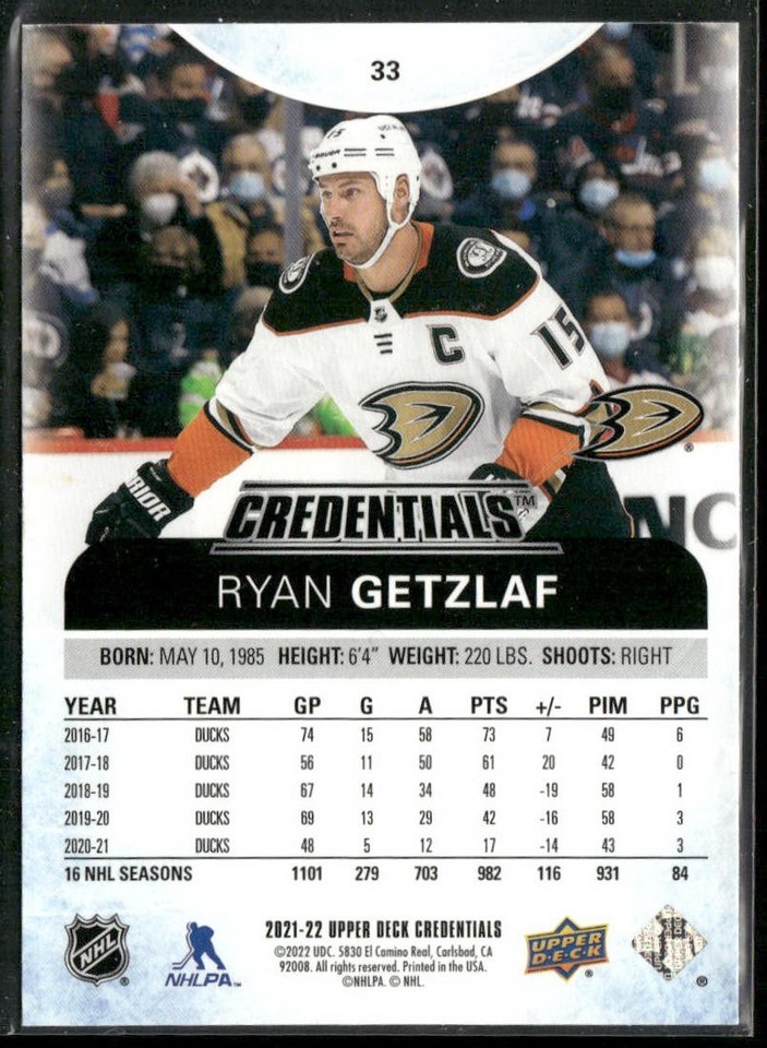 2021-22 Upper Deck Credentials #33 Ryan Getzlaf Anaheim Ducks Hockey ...