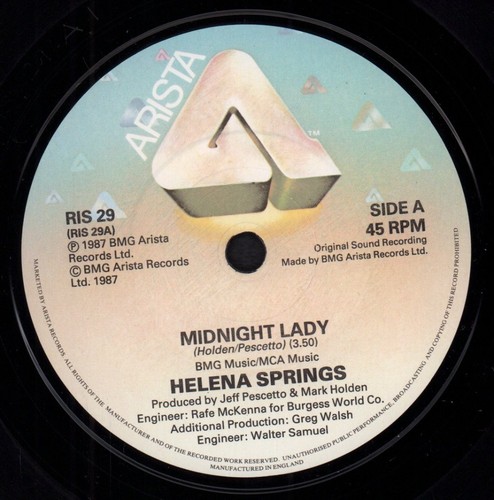 Helena Springs Midnight Lady 7" vinyl UK Arista 1987 pic sleeve RIS29 ...