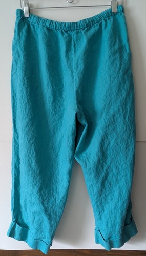 JM Collection Women's Linen Crop Pants Teal Blue Elastic & Draw String ...