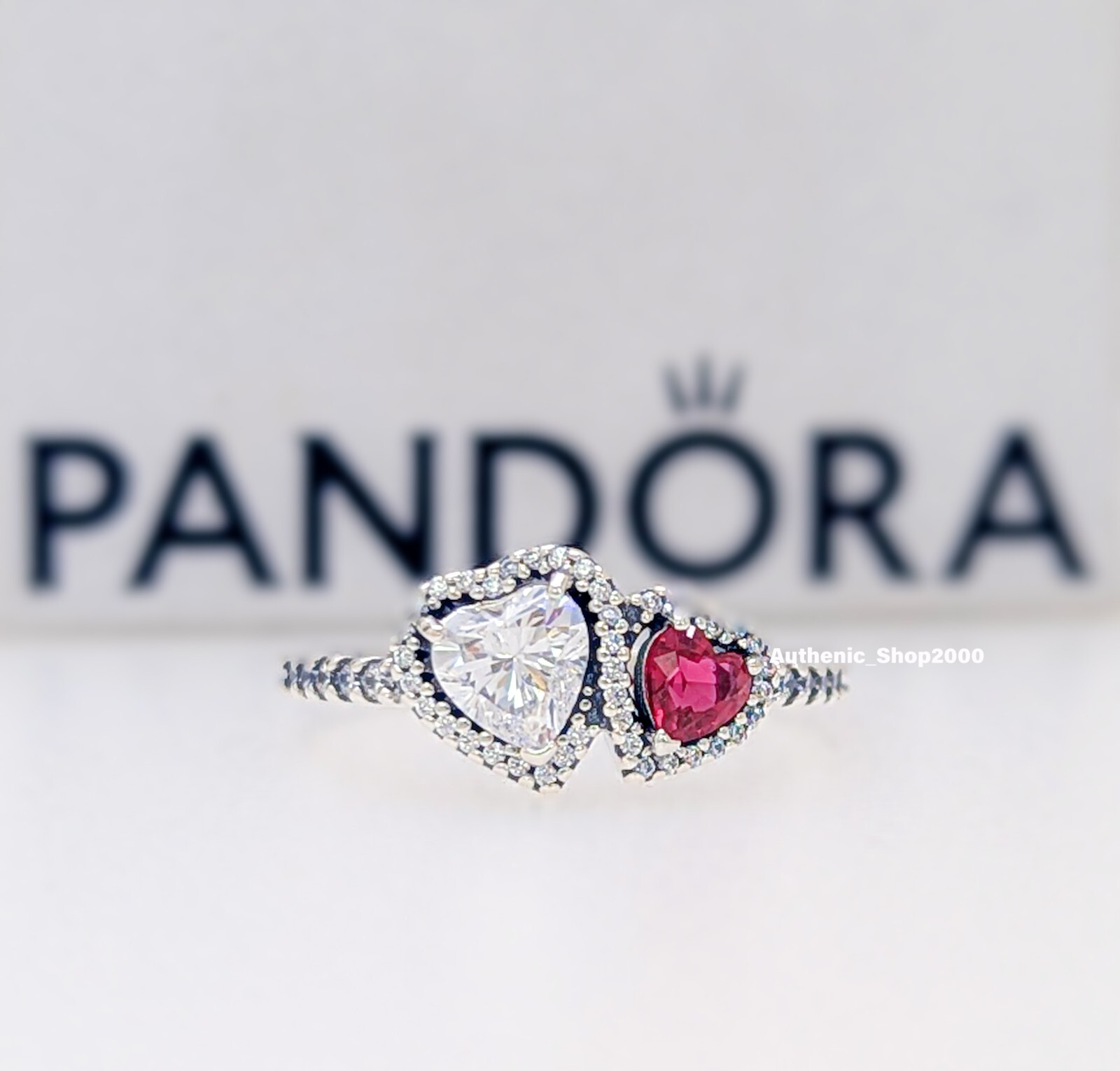 New 100% Authentic PANDORA 925 Ale Red Sparkling Halo Two Hearts Ring ...