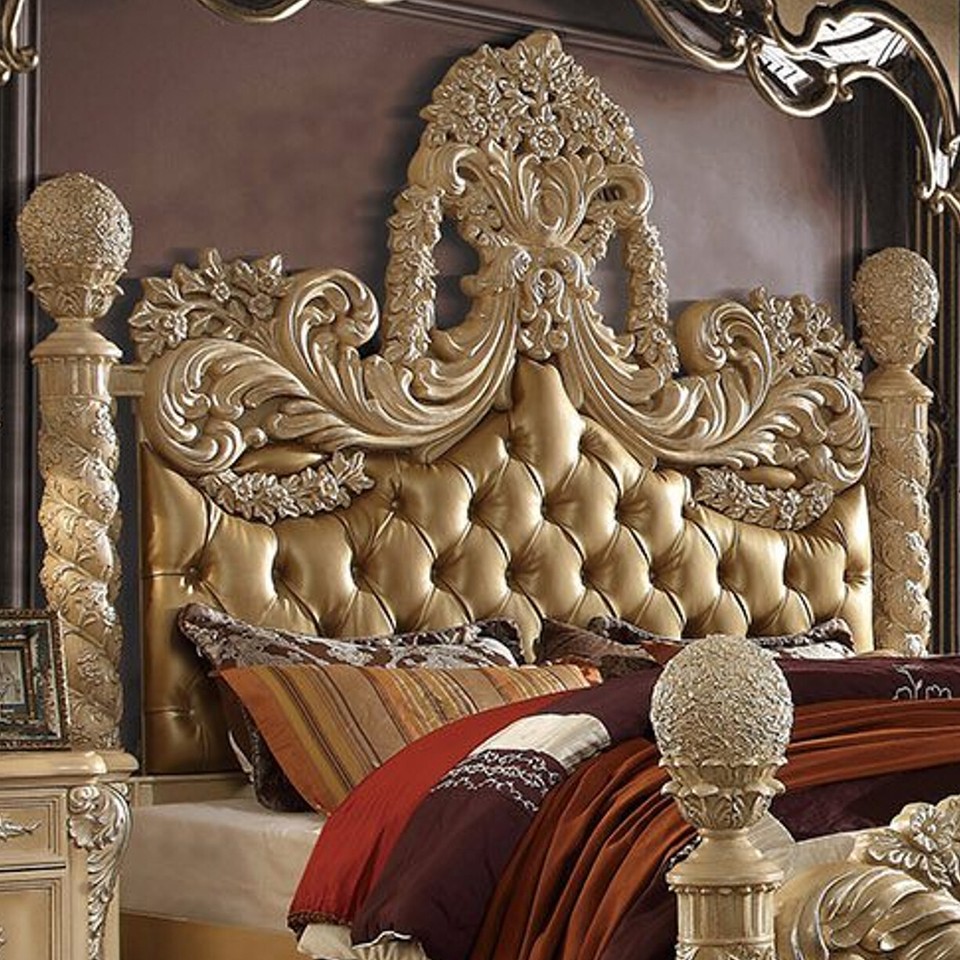 Luxury Ornate King Poster Bed Gold Solid Wood Leather Old World Baroque ...
