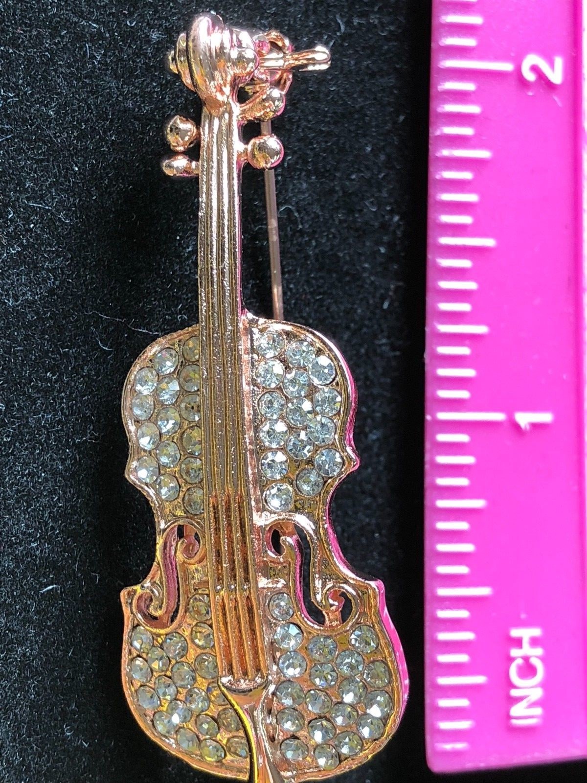 Fiddle Brooch pin clear rhinestones Rose gold tone 2"x .75" Mothers Day ...
