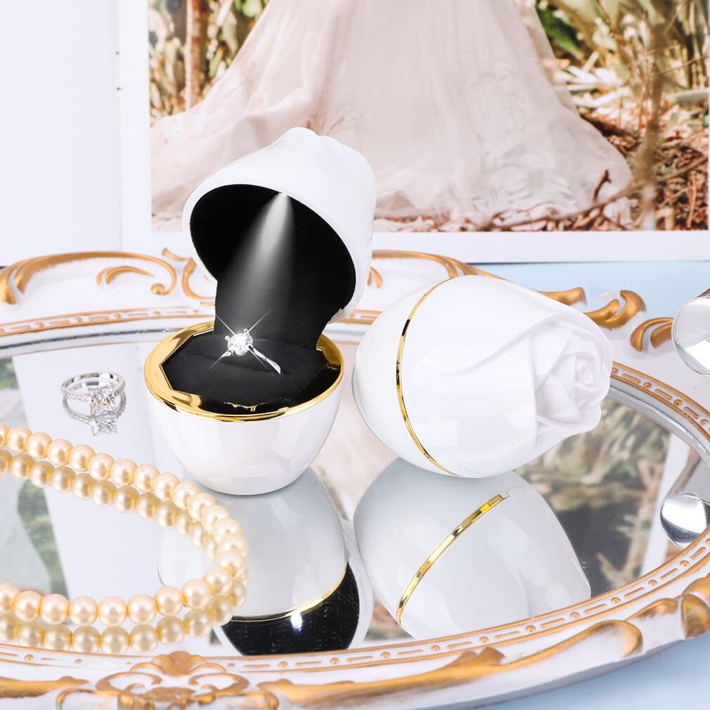 White Ring Box LED Ring Case Rose Jewelry Box for Proposal Engagement ...