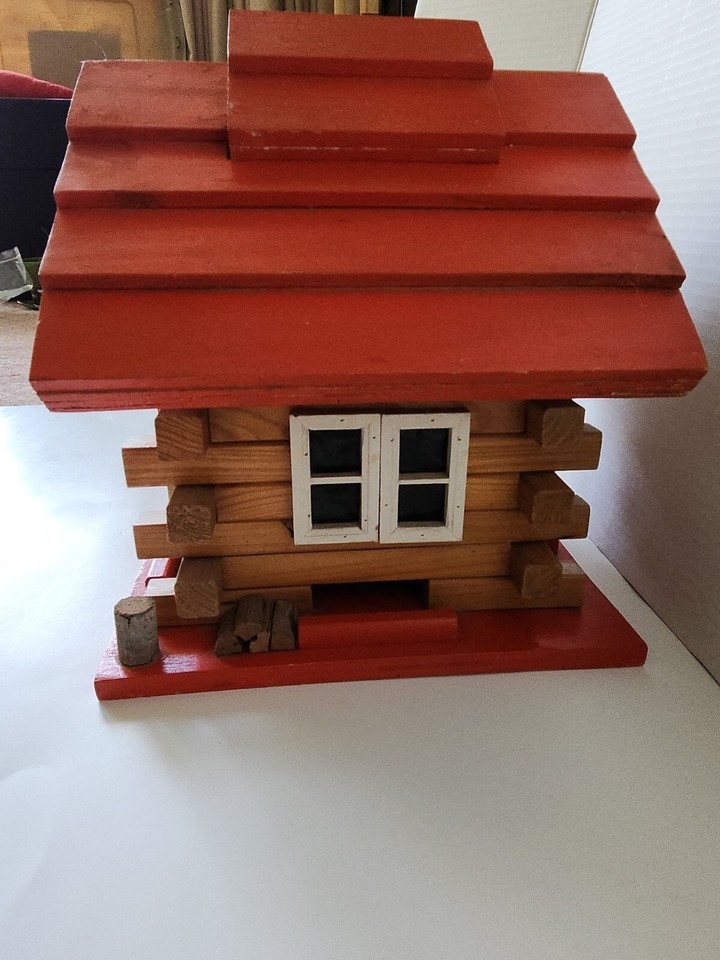 Vintage Wooden Log Cabin Bird Feeder Birdhouse Red Yard Porch Outdoor ...
