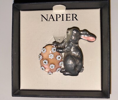 Napier Easter Bunny Rabbit w Pink Egg Brooch Pin Pewter/Silver Tone New ...