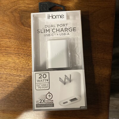 IHOME DUAL PORT SLIM CHARGER USB C & USB A 20 WATT 2X FAST CHARGE White ...