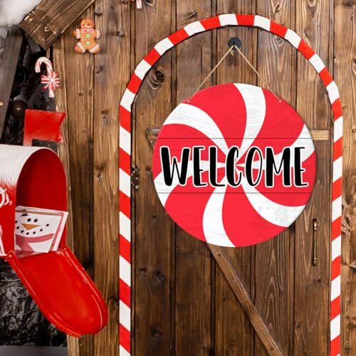 Winter Welcome Sign Front Door Decor Christmas Peppermint Round Hanging ...