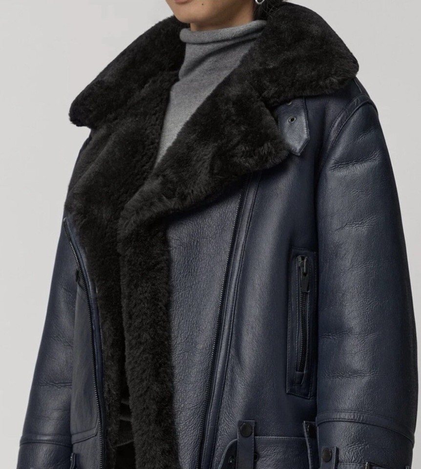 The Arrivals Moya V Leather Shearling Jacket M Navy | eBay