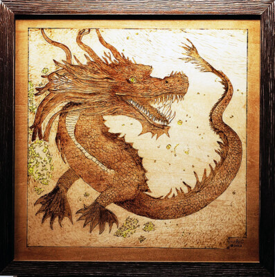 Marine Dragon Pyrography Artwork, Intricate Wood-Burned Design, Unique ...