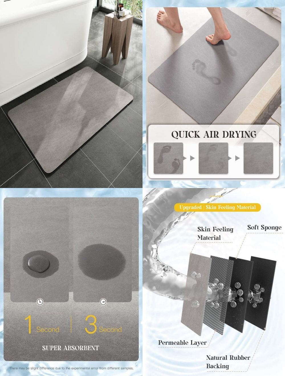 MontVoo-Bath Mat Rug-Rubber Non Slip Quick Dry Super 16" x 24", Grey | eBay