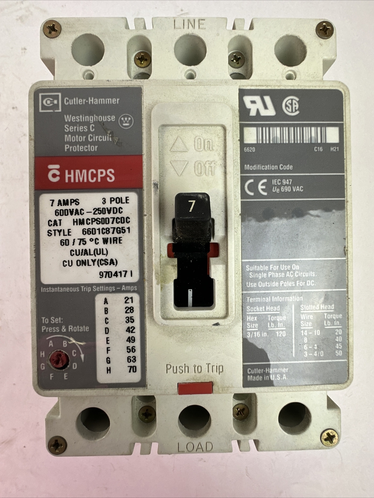 CUTLER HAMMER HMCPS007C0C SER C 3P 7AMP 600VAC 250VDC 6601C87G51 MOTOR ...