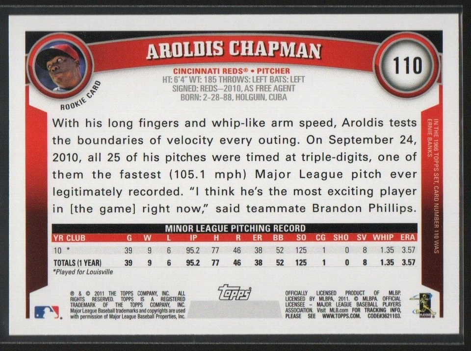 Aroldis Chapman 2011 Topps #110 Rookie Card Cincinnati Reds #3 | eBay