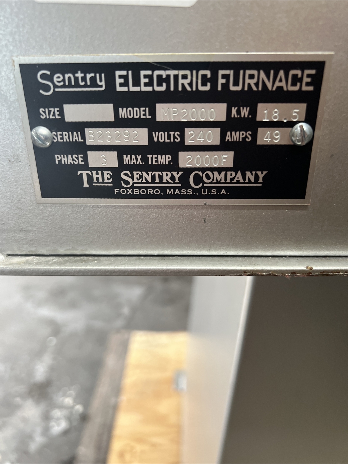 Sentry Electric Furnace Model mp2000 18.5kw 2000°F 240V 3Ph Heat ...
