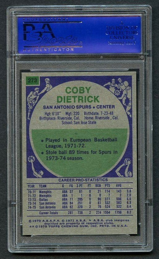 1975 Topps Basketball COBY DIETRICK #273 PSA 9 MINT San Antonio Spurs ...