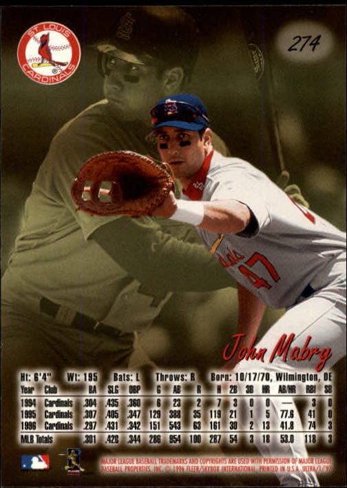 1997 Ultra St. Louis Cardinals Baseball Card #274 John Mabry | eBay