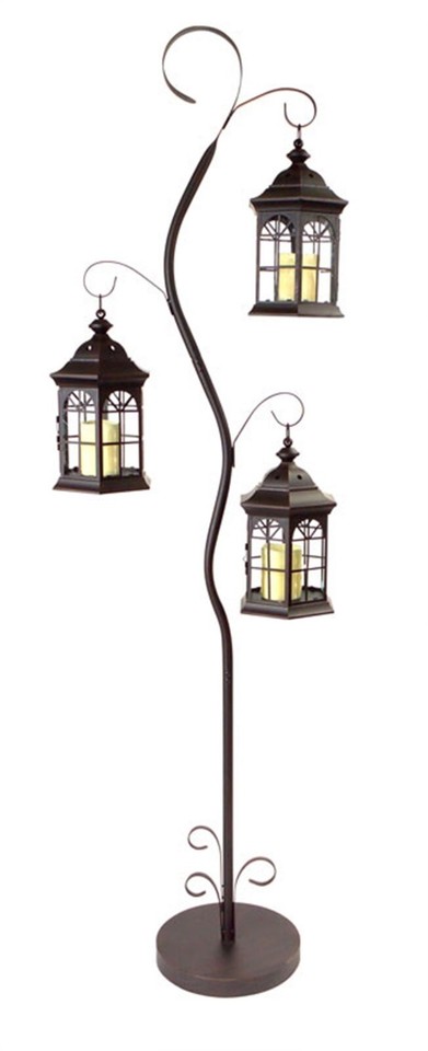 Large Iron Tree Lantern Holder Stand Gray with 3 Removable Candle Lamps ...