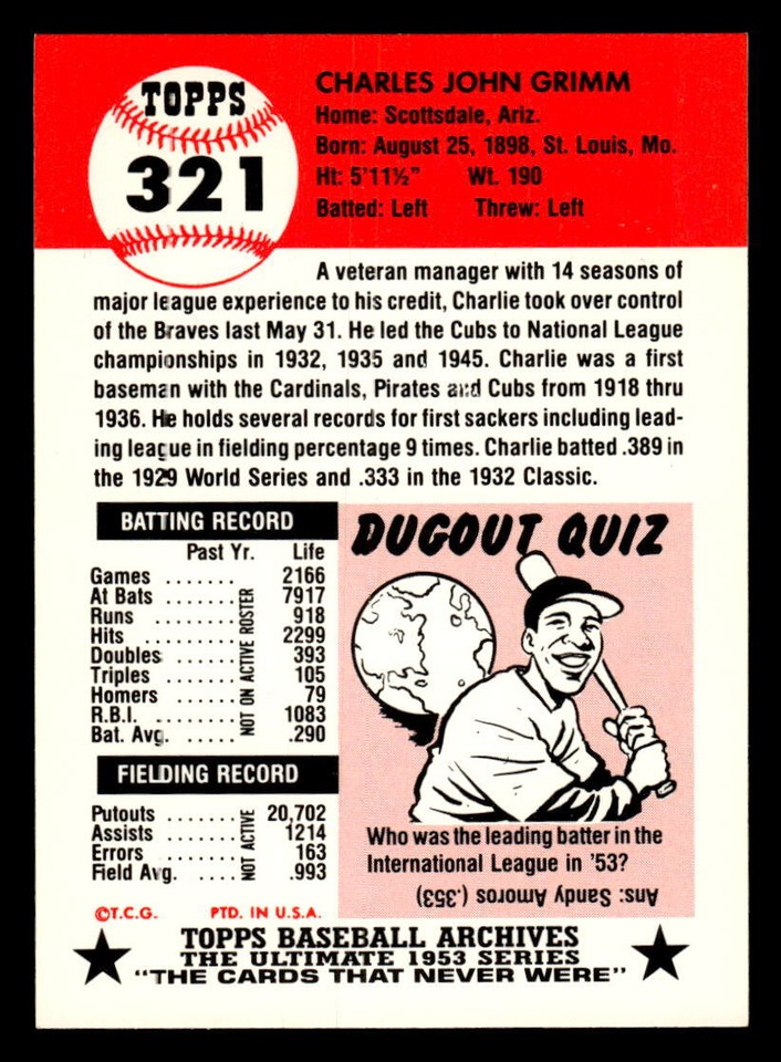 1991 Topps Archives 1953 #321 Charlie Grimm | eBay